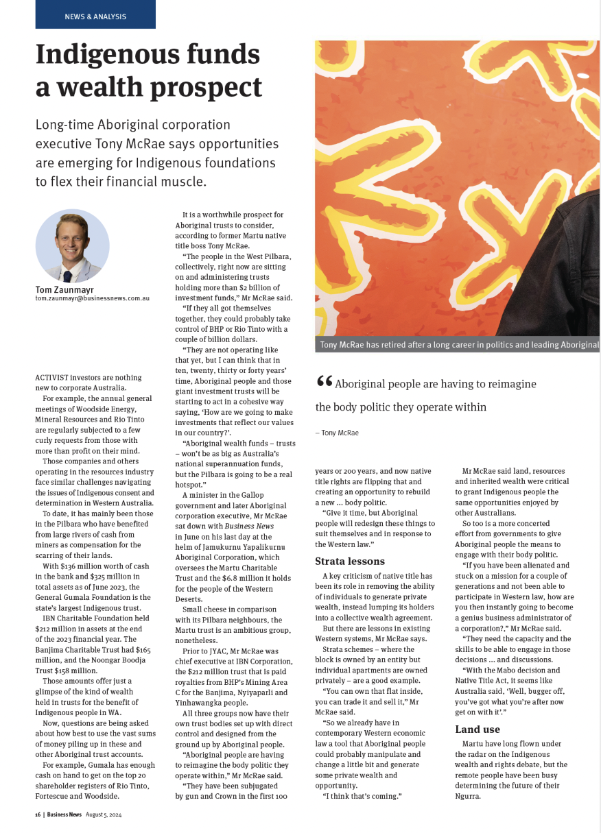 Indigenous funds a wealth prospect - JYAC - Jamukurnu Yapalikurnu Aboriginal Corporation